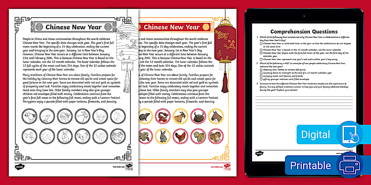 Chinese New Year Reading Passage Comprehension Worksheet