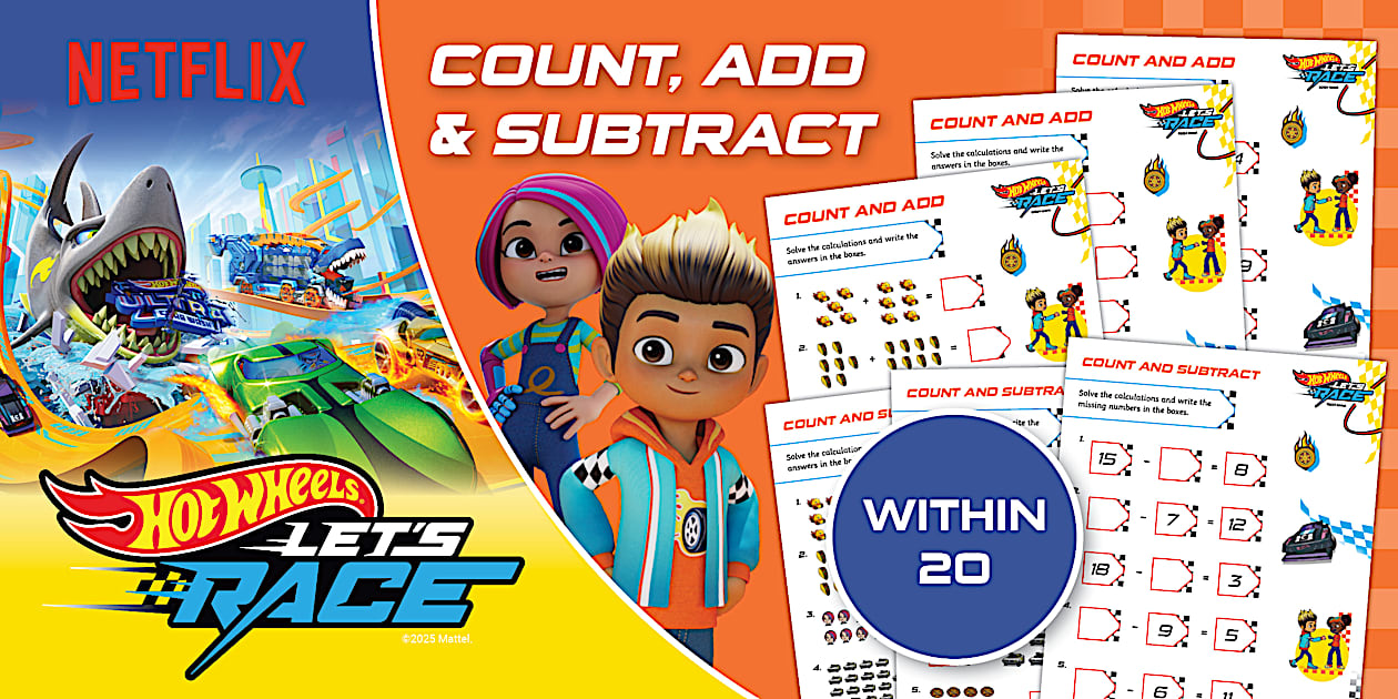 Hot Wheels: Count, Add, and Subtract Within 20 Worksheets