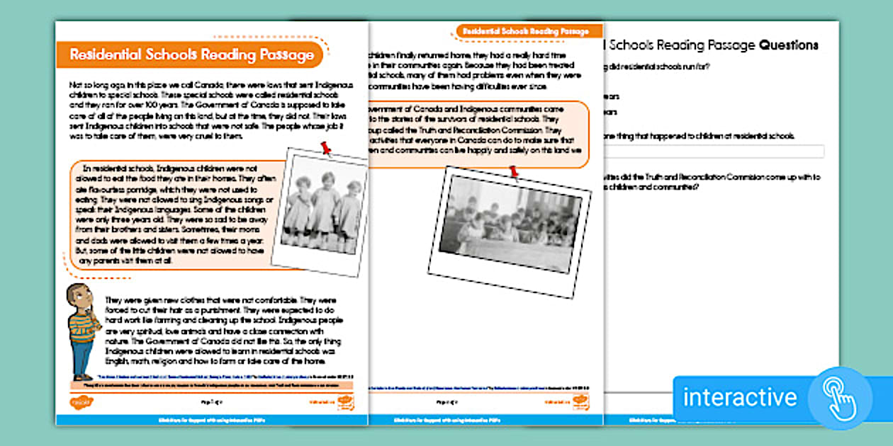 Residential Schools Reading Passage - Grades 4-6 - Twinkl
