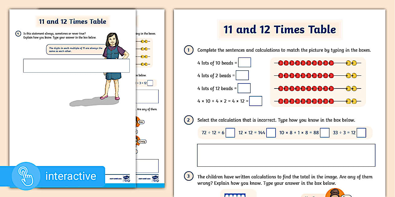 👉 Interactive PDF Y4 WRM Spring 1: 11 and 12 Times Tables