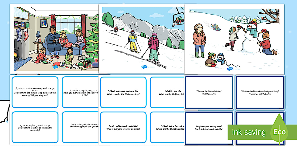 Winter Scenes and Question Cards Pack Arabic/English
