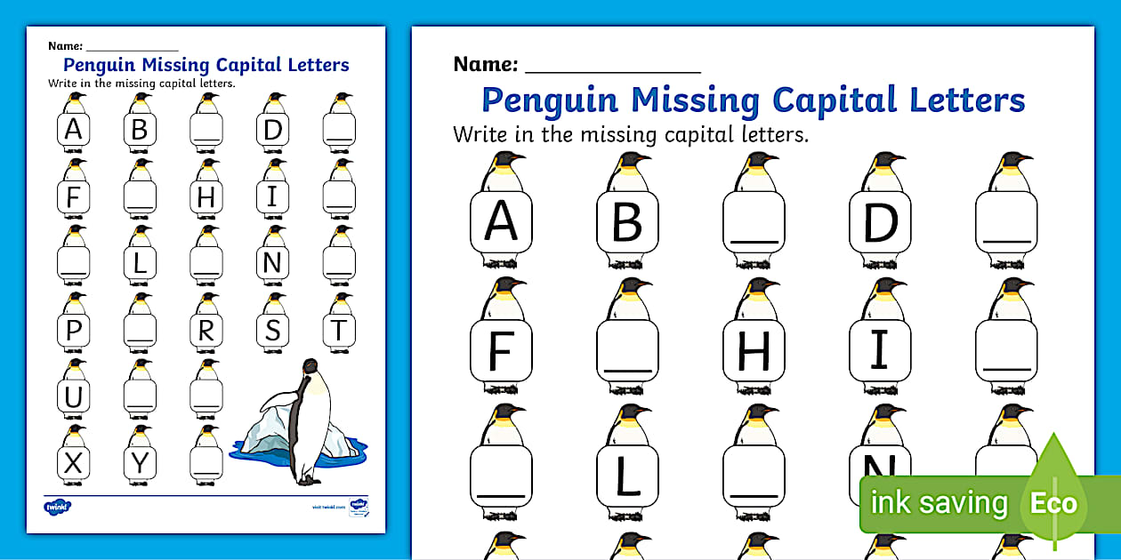 Penguin Missing Capital Letters Worksheet | Twinkl Alphabet