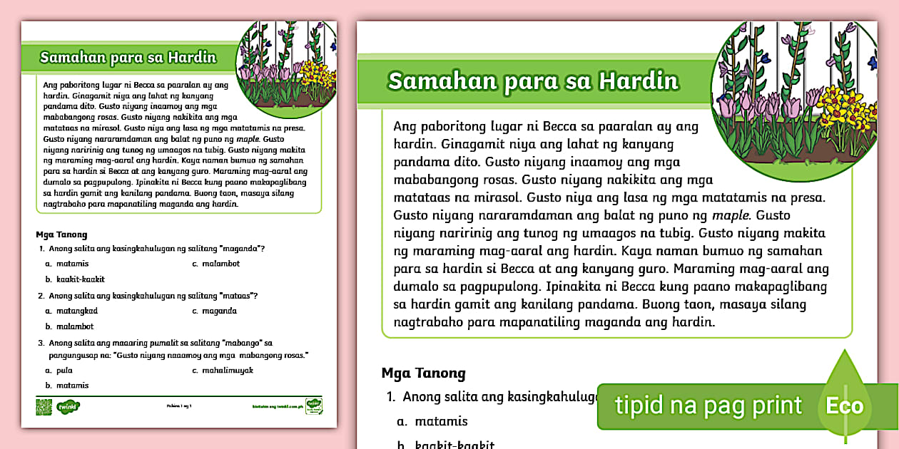 Pagbasa at Pag-unawa: Samahan para sa Hardin | Twinkl