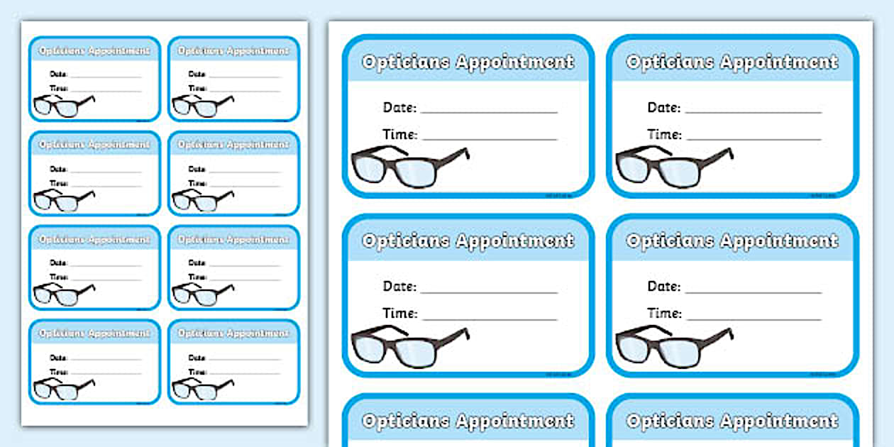 Opticians Role Play Appointment Cards - Twinkl