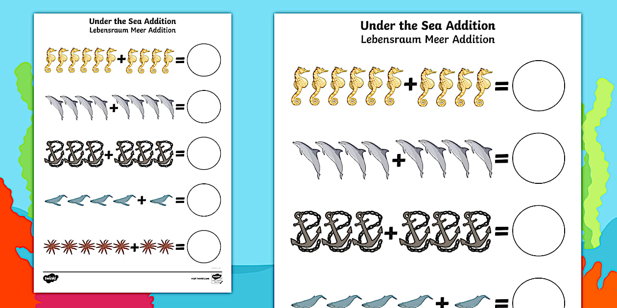 Under the Sea Addition Worksheet - EAL, German, Barry the fish with fingers