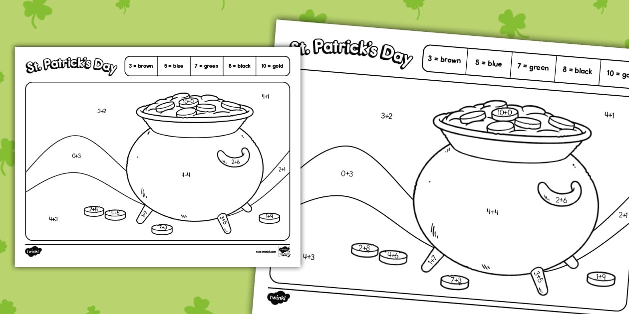 Kindergarten St. Patrick's Day Addition to 10 Color by Number Worksheet