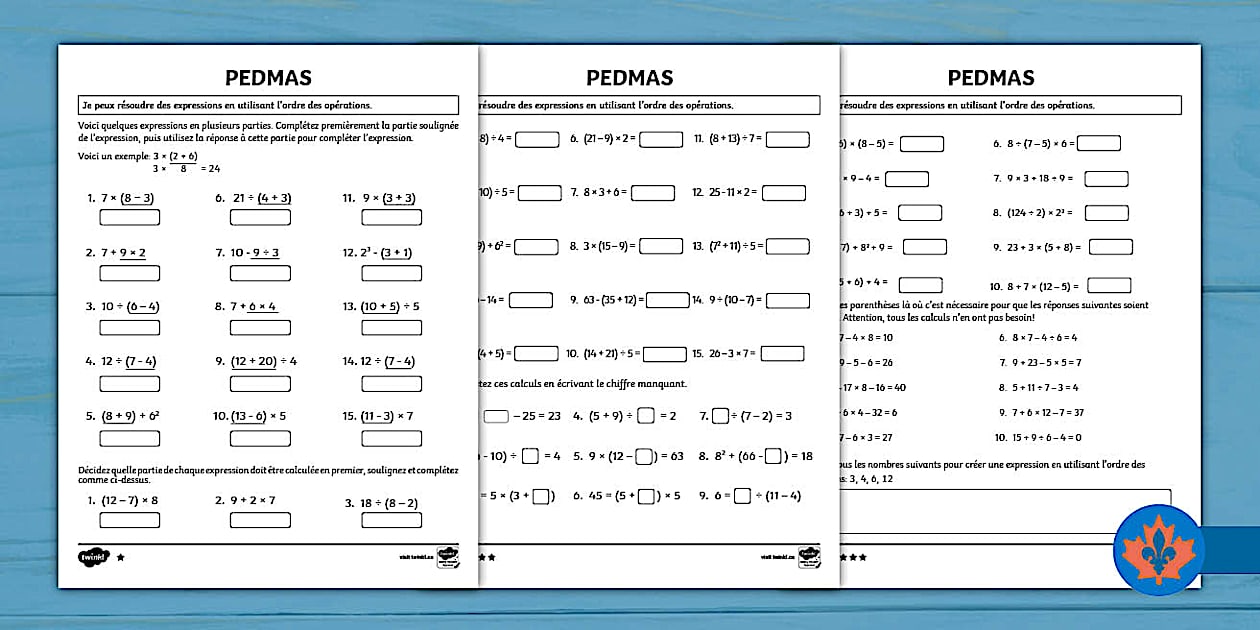 BEDMAS Order of Operations Differentiated Worksheets French