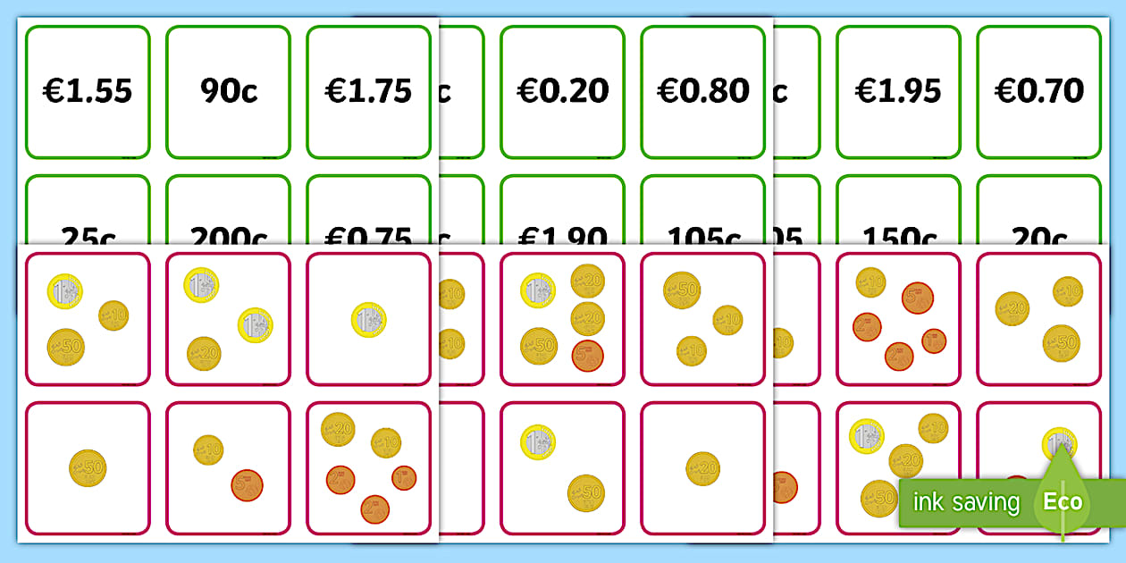 Second Class Euro Coins and Amounts Matching Maths Mats