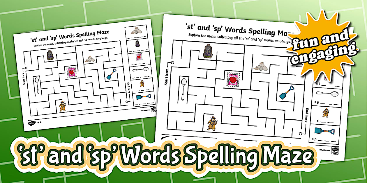 'st' and 'sp' Words Spelling Maze Activity Sheets