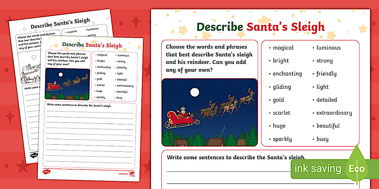 Describe Santa's Sleigh Worksheet (Lehrer gemacht) - Twinkl