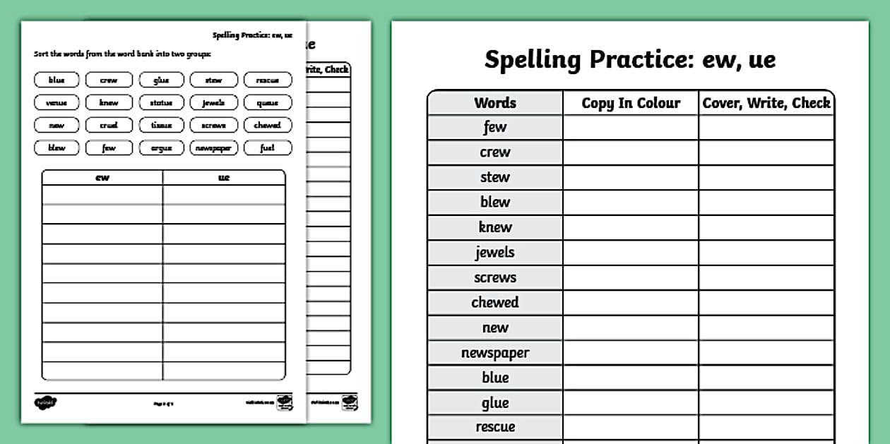 Grade 3 ew, ue Phonics Spelling Practice Sheets - Twinkl