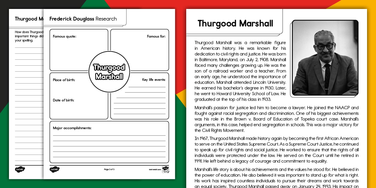 Thurgood Marshall Biography Passage and Worksheets for 3-5