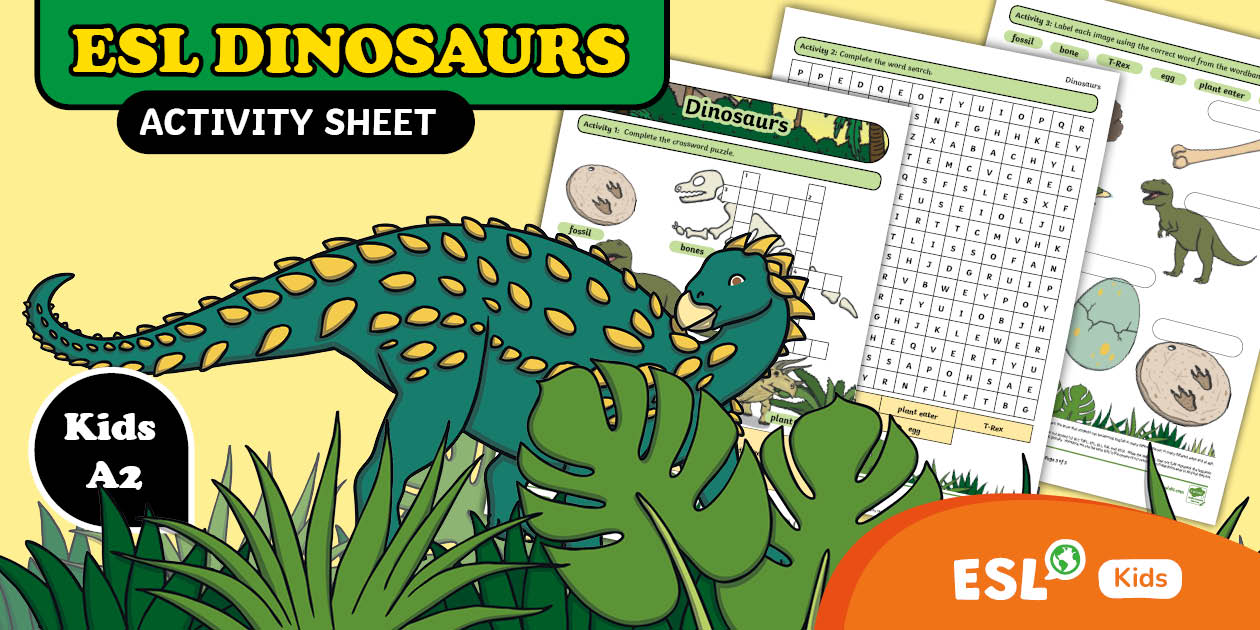 ESL Dinosaur Activity Sheet [Kids, A2]