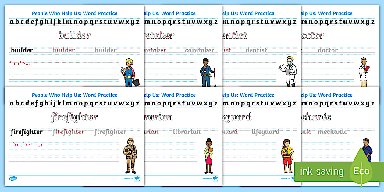 People Who Help Us Topic Word Practice Worksheets - Twinkl
