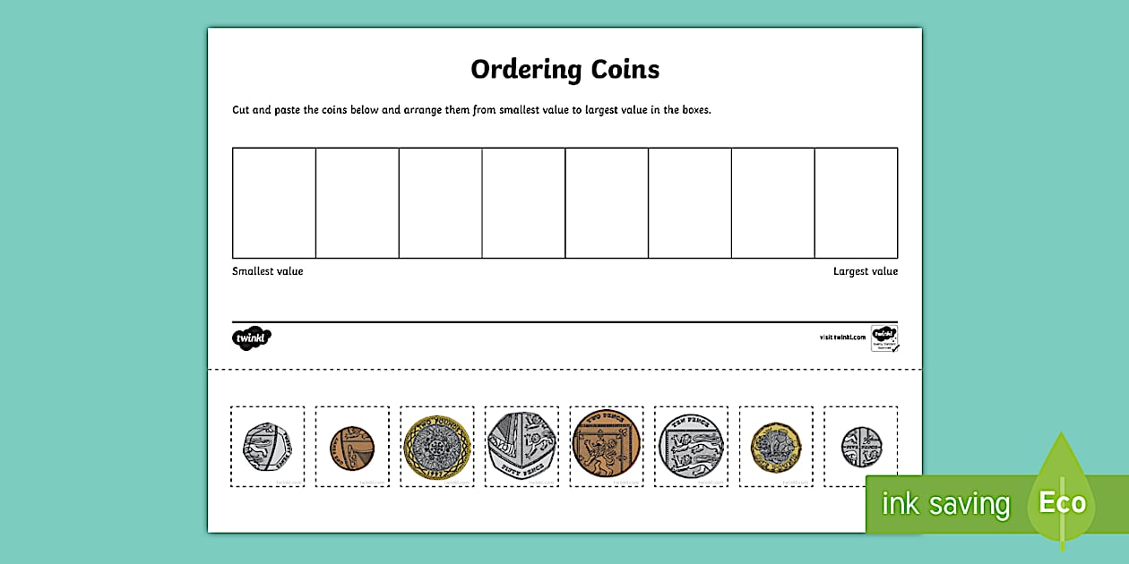 Editable Coin Ordering Cut and Paste Worksheet - Twinkl