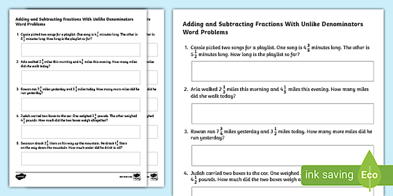 Adding and Subtracting Fractions With Unlike Denominators Word Problems for