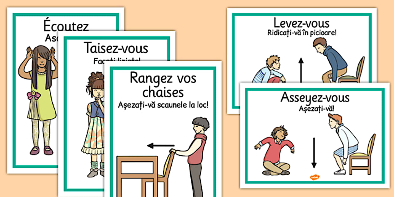 Instructiuni in sala de clasa, Plansa franceza-romana - reguli scoala grupa