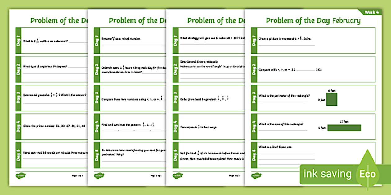 Fourth Grade Math Problem of the Day - February Worksheet