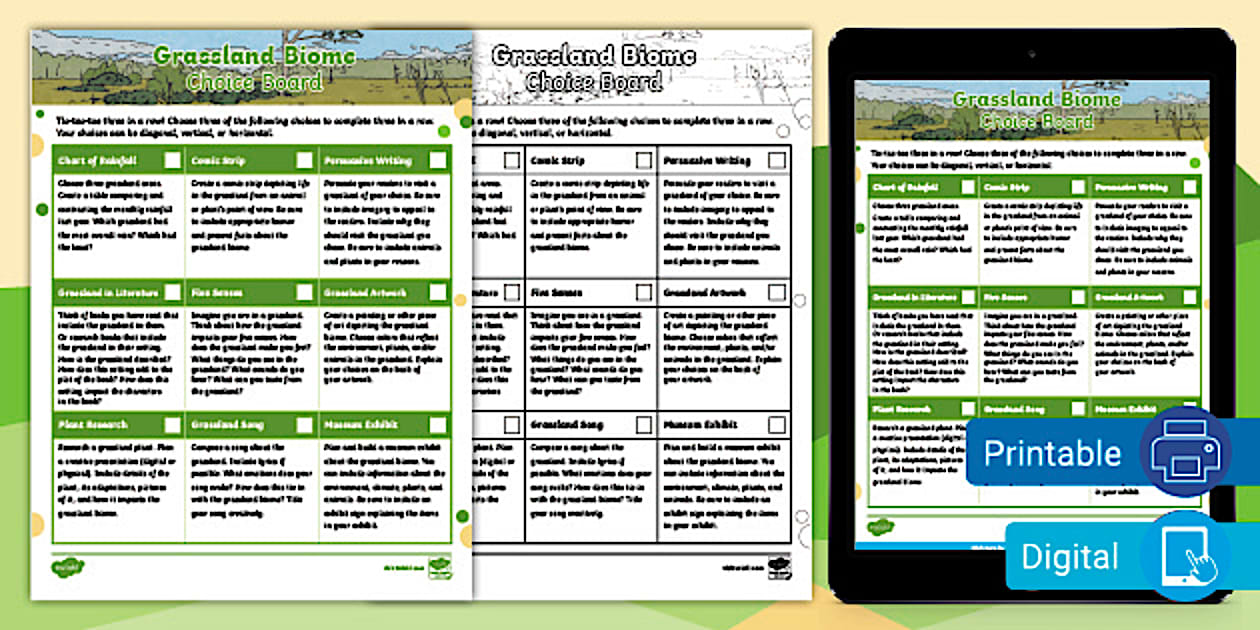 Grassland Biome Choice Board (teacher made) - Twinkl