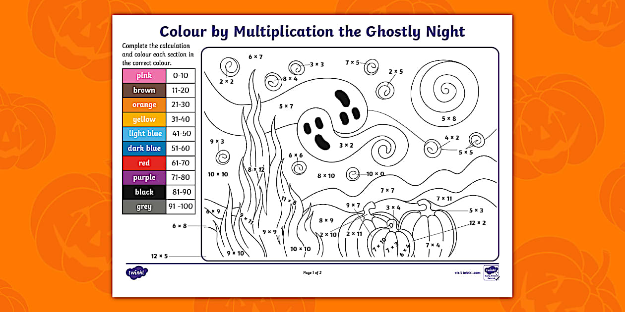 Colour by Multiplication the Ghostly Night Activity Sheet