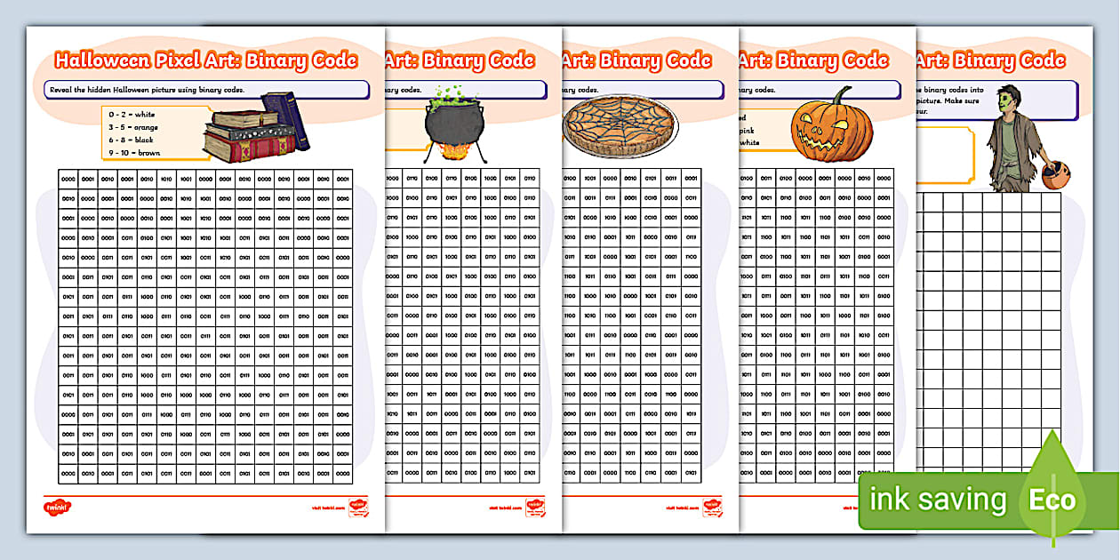 Halloween Unplugged Coding Worksheets | Pixel Art | Twinkl