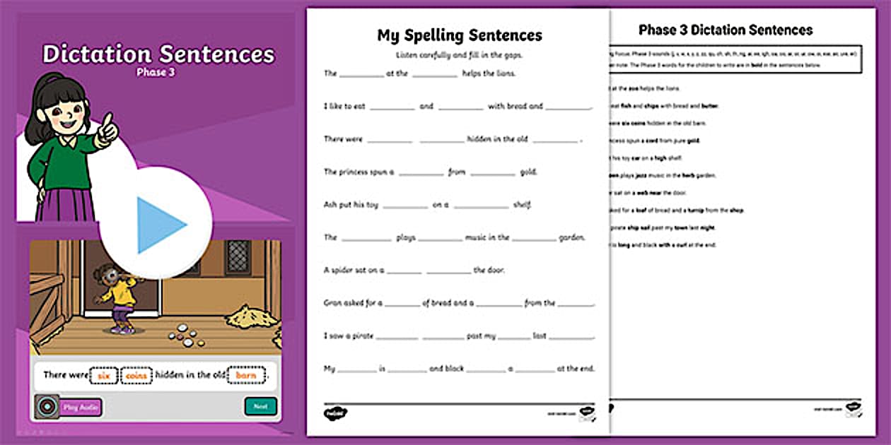 Phase 3 Phonics Dictation Sentences Resource Pack - Twinkl