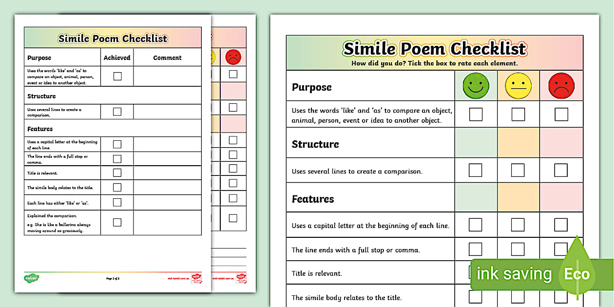 Simile Poem Checklist (teacher made) - Twinkl