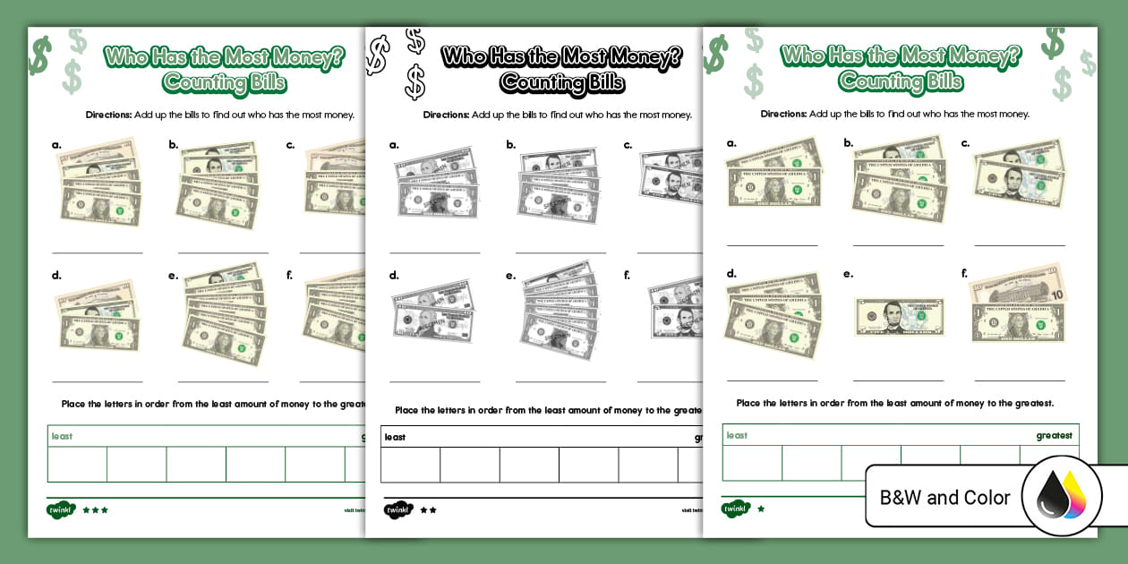 Who Has the Most Money? Counting Bills Differentiated Math for K-2nd Grade