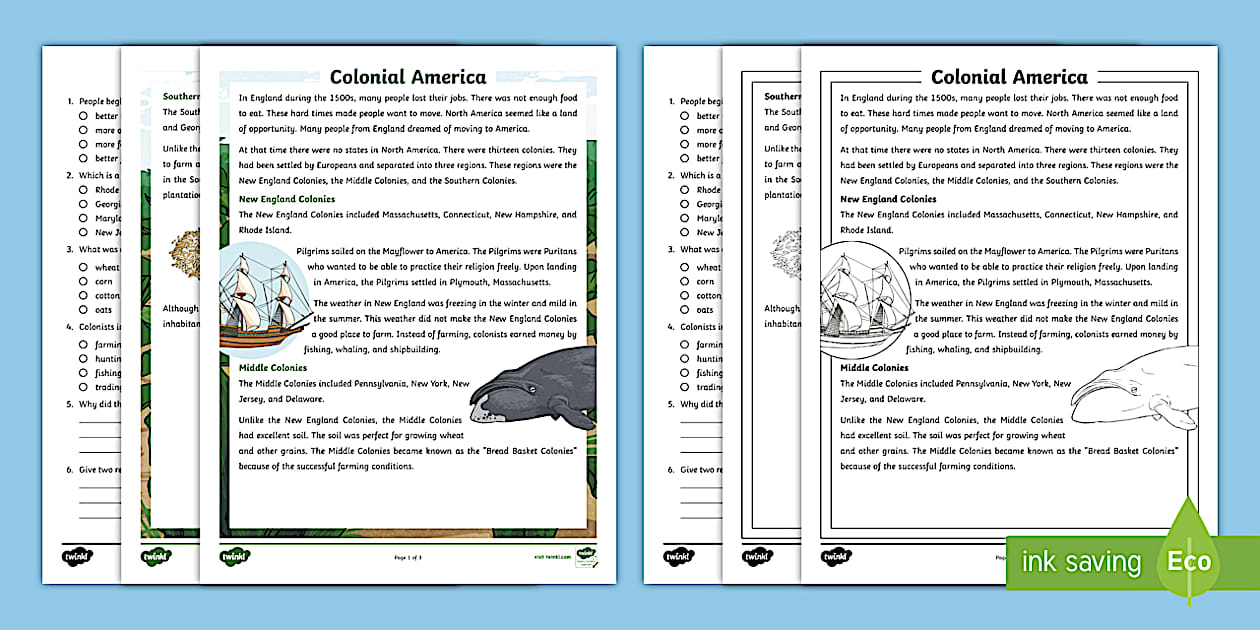 Fourth Grade Colonial America Reading Comprehension Worksheet