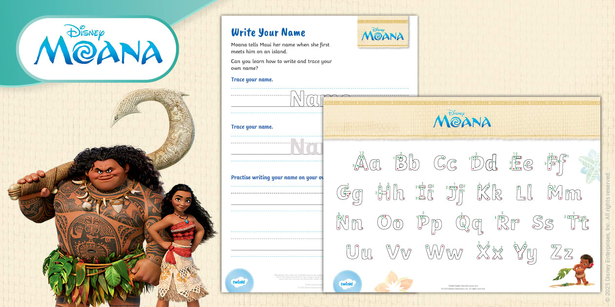 Moana: Editable Name Writing and Tracing Activity Sheets
