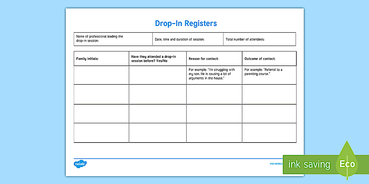 Drop-In Registers Young People & Families Case File Recording Template