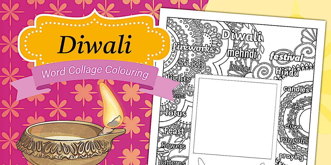 Diwali Word Collage Colouring Page