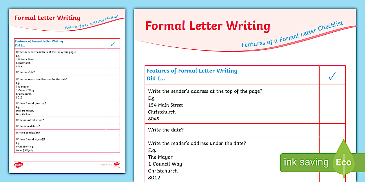 Level 2 Formal Letter Writing - Checklist - Twinkl