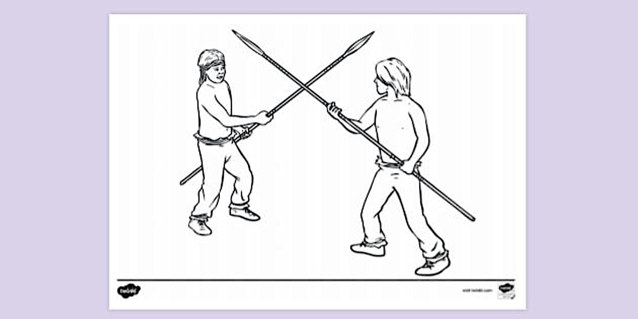 Boys Training with Spears Colouring Sheet (teacher made)