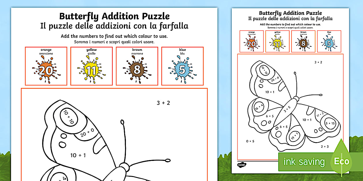 Butterfly Addition (0-20) Puzzle English/Italian - Twinkl