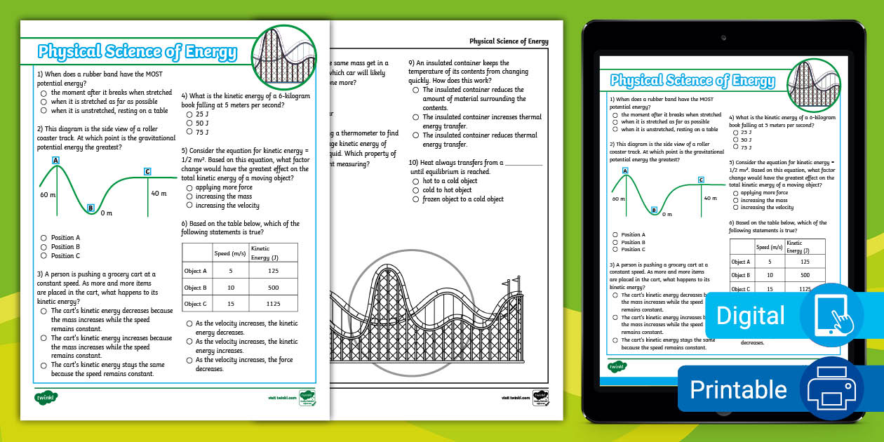 Sixth Grade NGSS Physical Science of Energy Quiz - Twinkl