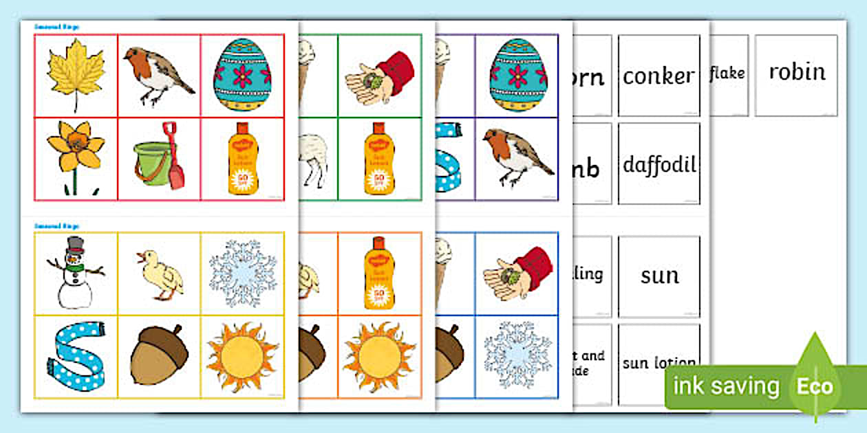 'Spot the Season' Bingo and Sorting Activity - KS1 - Twinkl