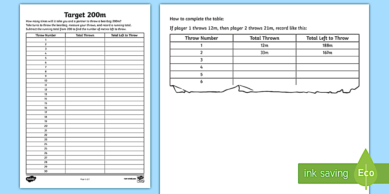 Target 200m Worksheet / Worksheet (teacher made) - Twinkl