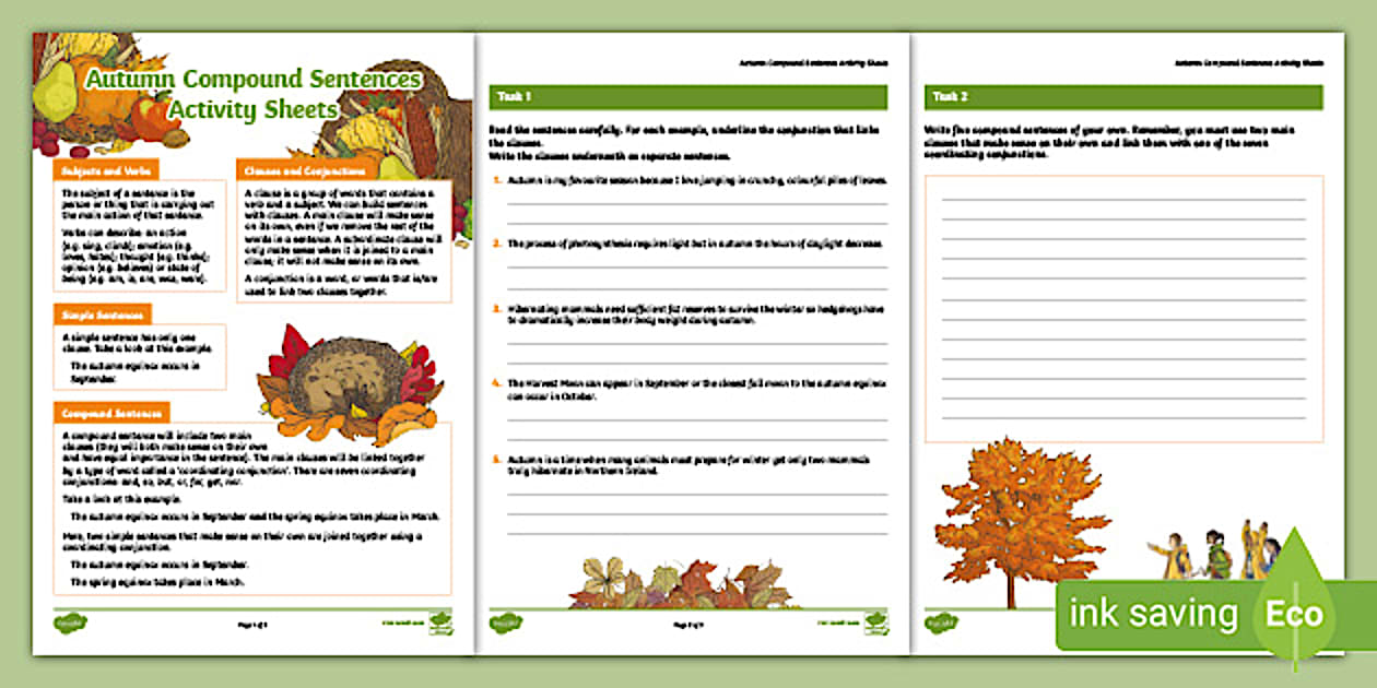 Compound Sentences Activity Sheets Autumn - Twinkl
