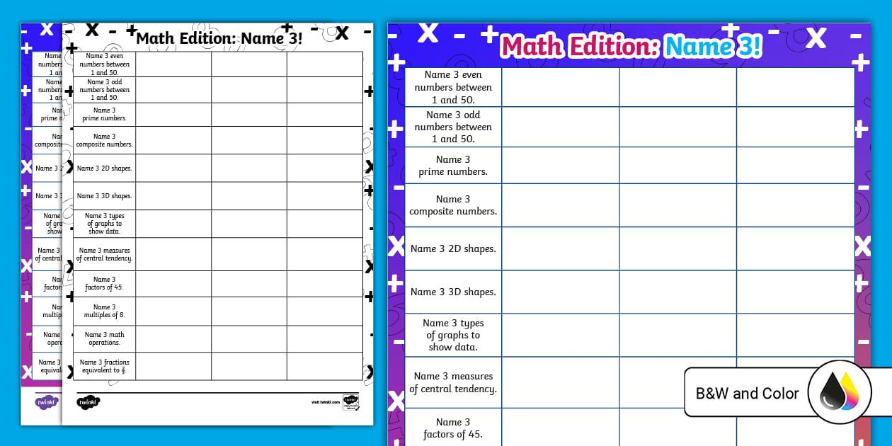Math Edition: Name 3 Game Sheet for 3rd-5th Grade - Twinkl