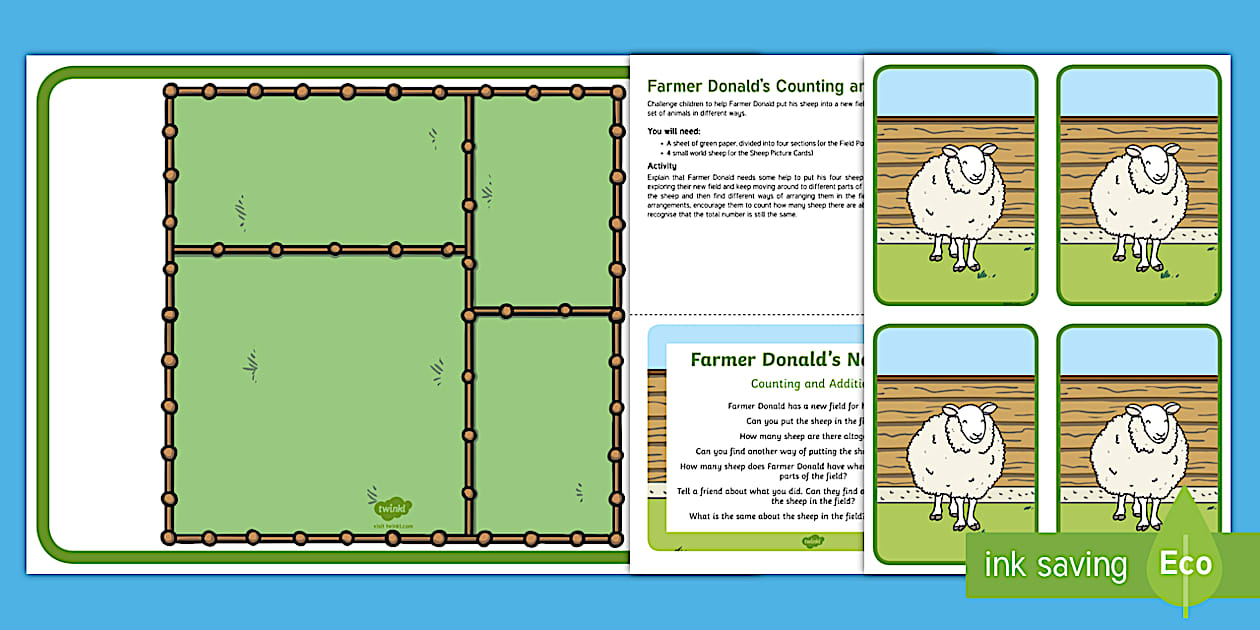 Farmer Donald's New Field Counting and Addition Prompt Card and Activity