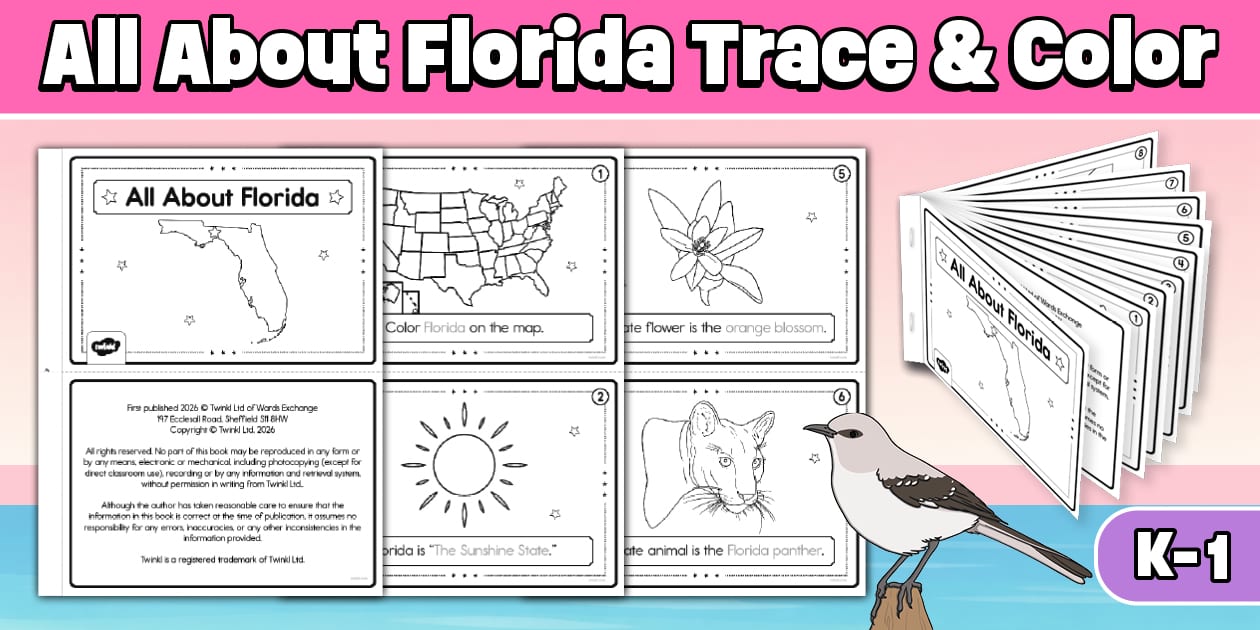All About Florida Trace & Color Printable Book K-1st Grade