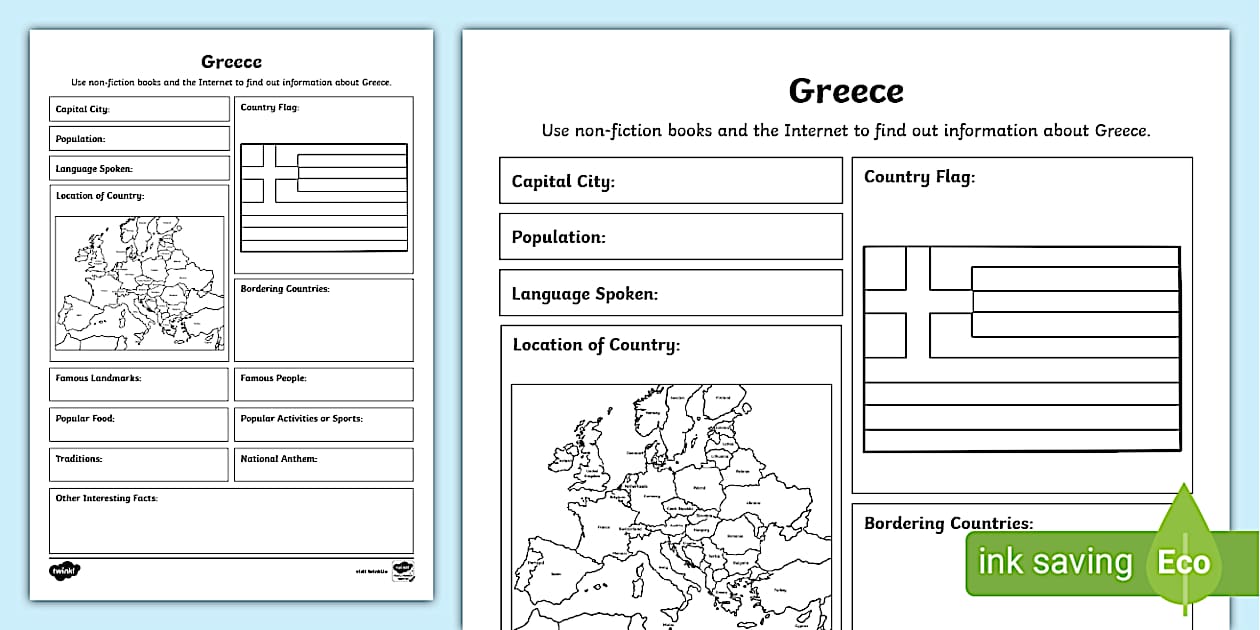 Greece Fact File Writing Template (teacher made) - Twinkl