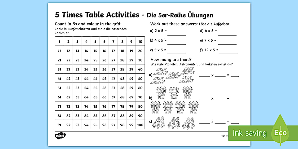 5 Times Table Worksheet / Worksheet English/German - EAL, German, 5 Times