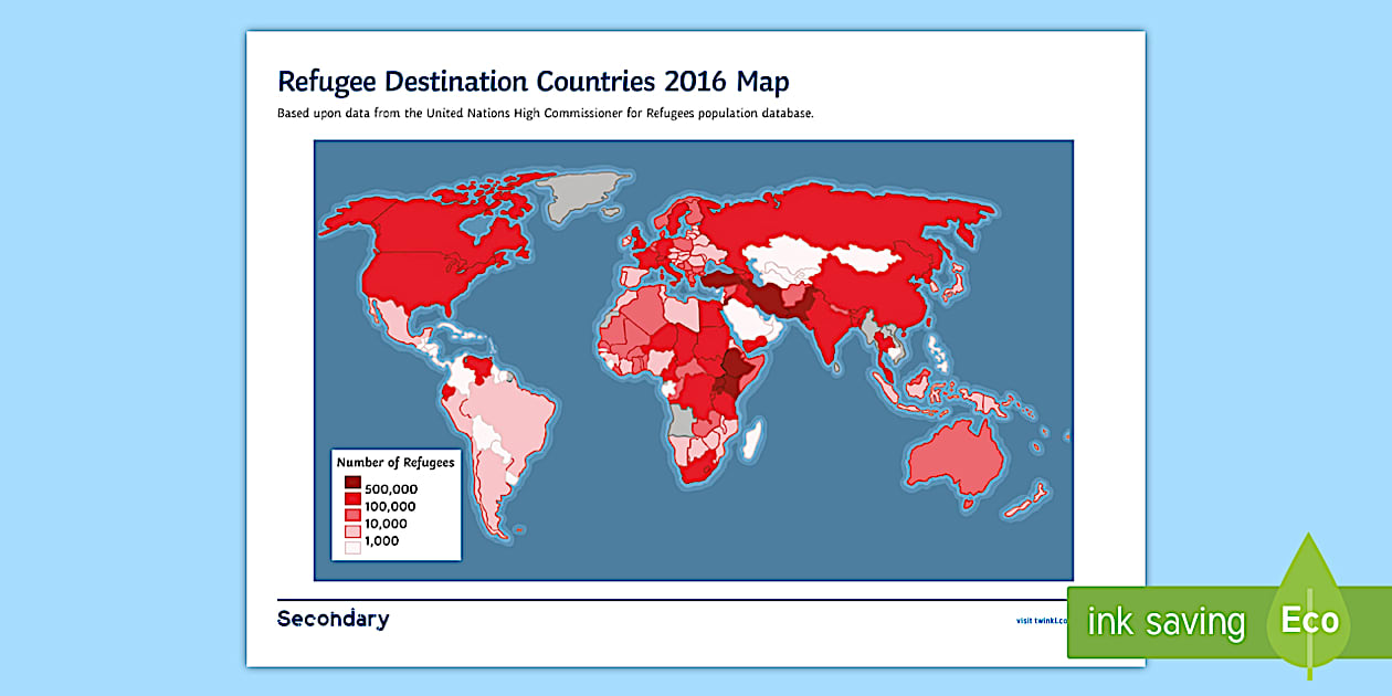 Black and White Refugee Destination Countries Map Fact Sheet