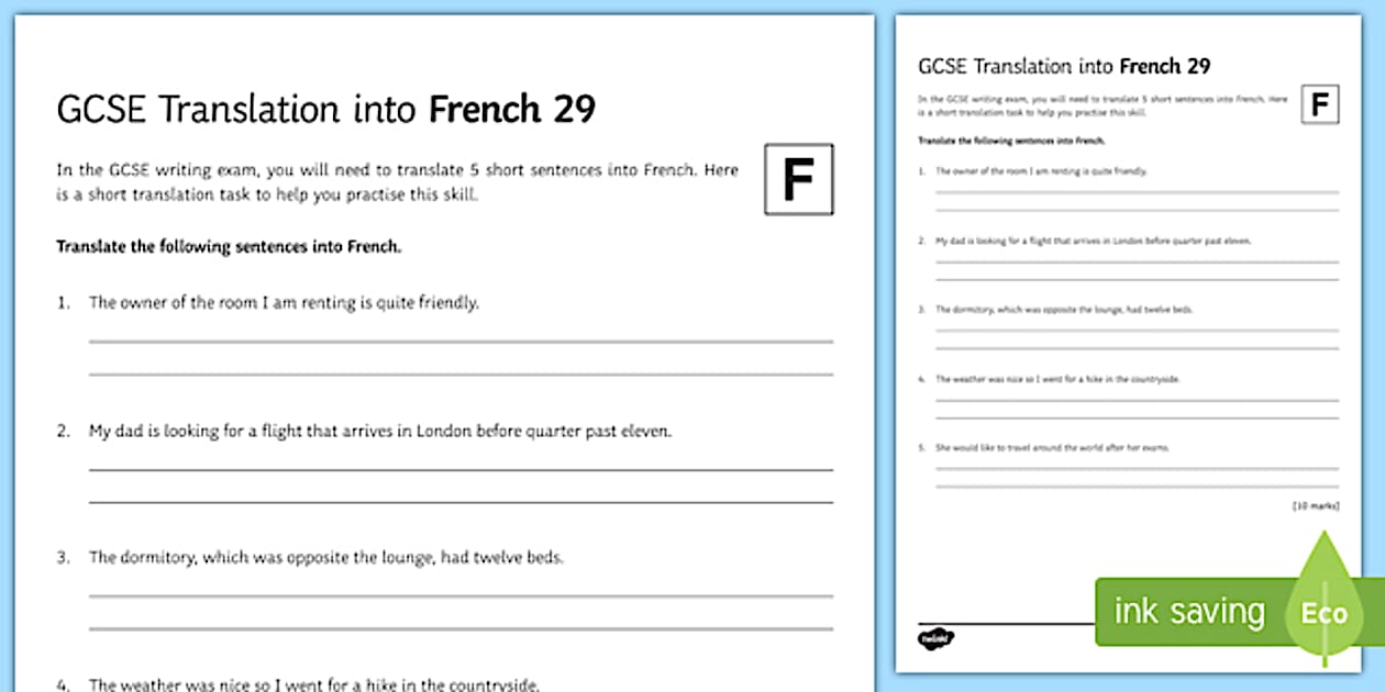 GCSE Translation into French 29 Foundation Tier Worksheet / Worksheet