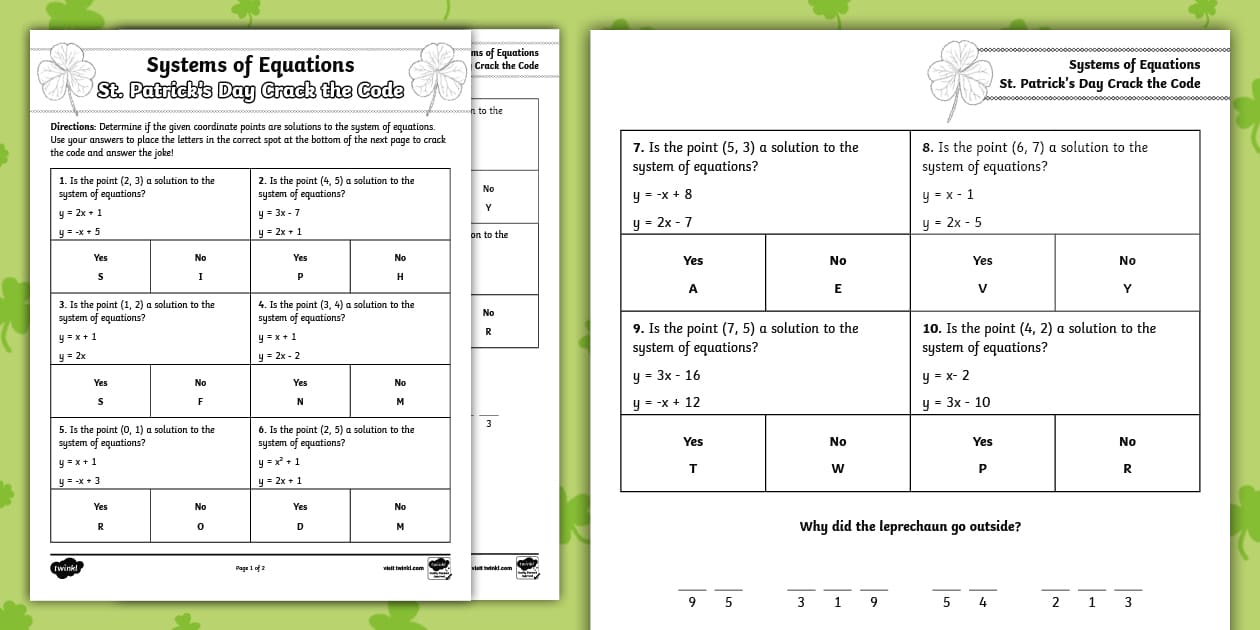 Eighth Systems of Equations St. Patrick’s Day Crack the Code
