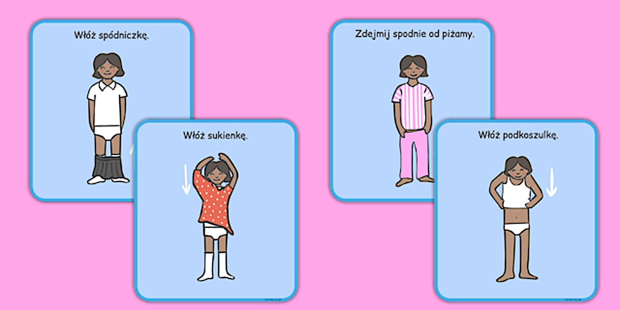 Karty Ubieranie się (dziewczynka) po polsku - przedszkole