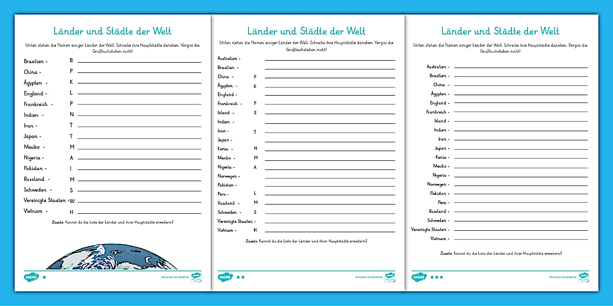 Länder und Städte der Welt - differenzierte Arbeitsblätter