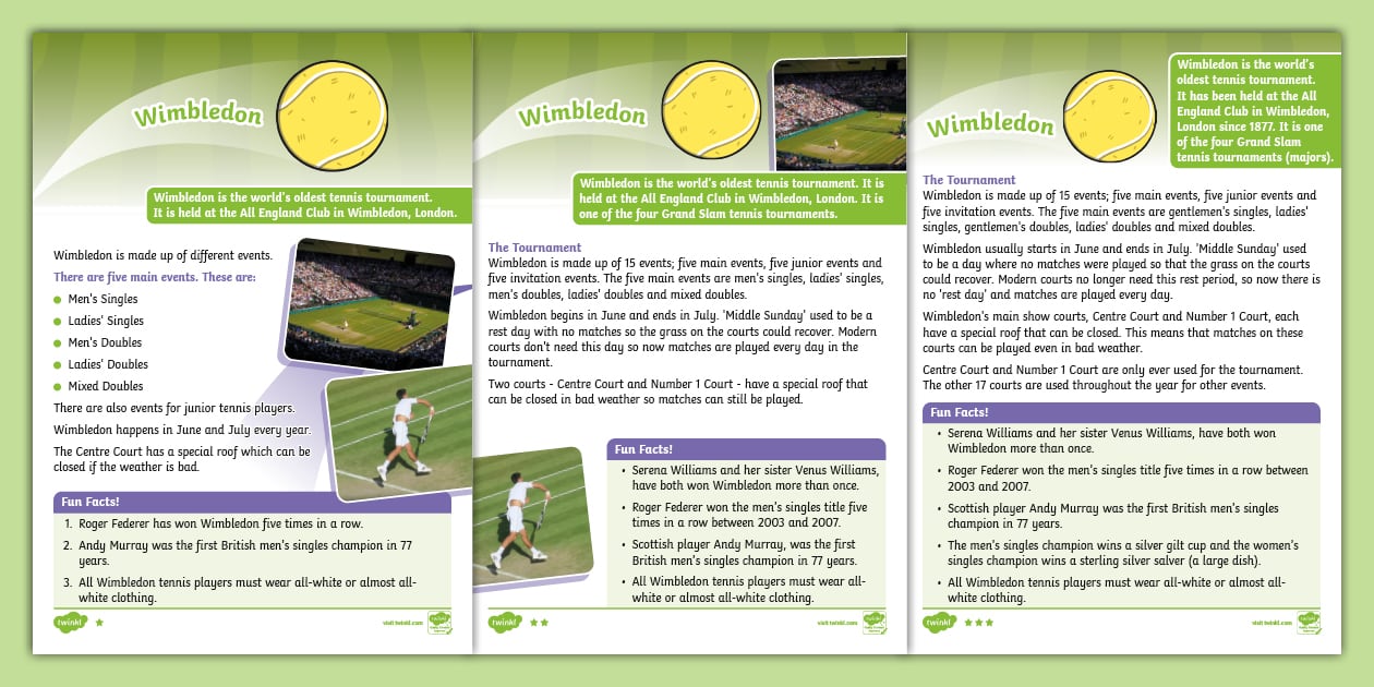 KS1 Wimbledon Differentiated Fact File | Twinkl PE - Twinkl